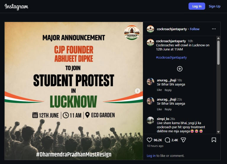 Cockroach Janta Party protest news live: ‘Cockroaches will crawl in ...