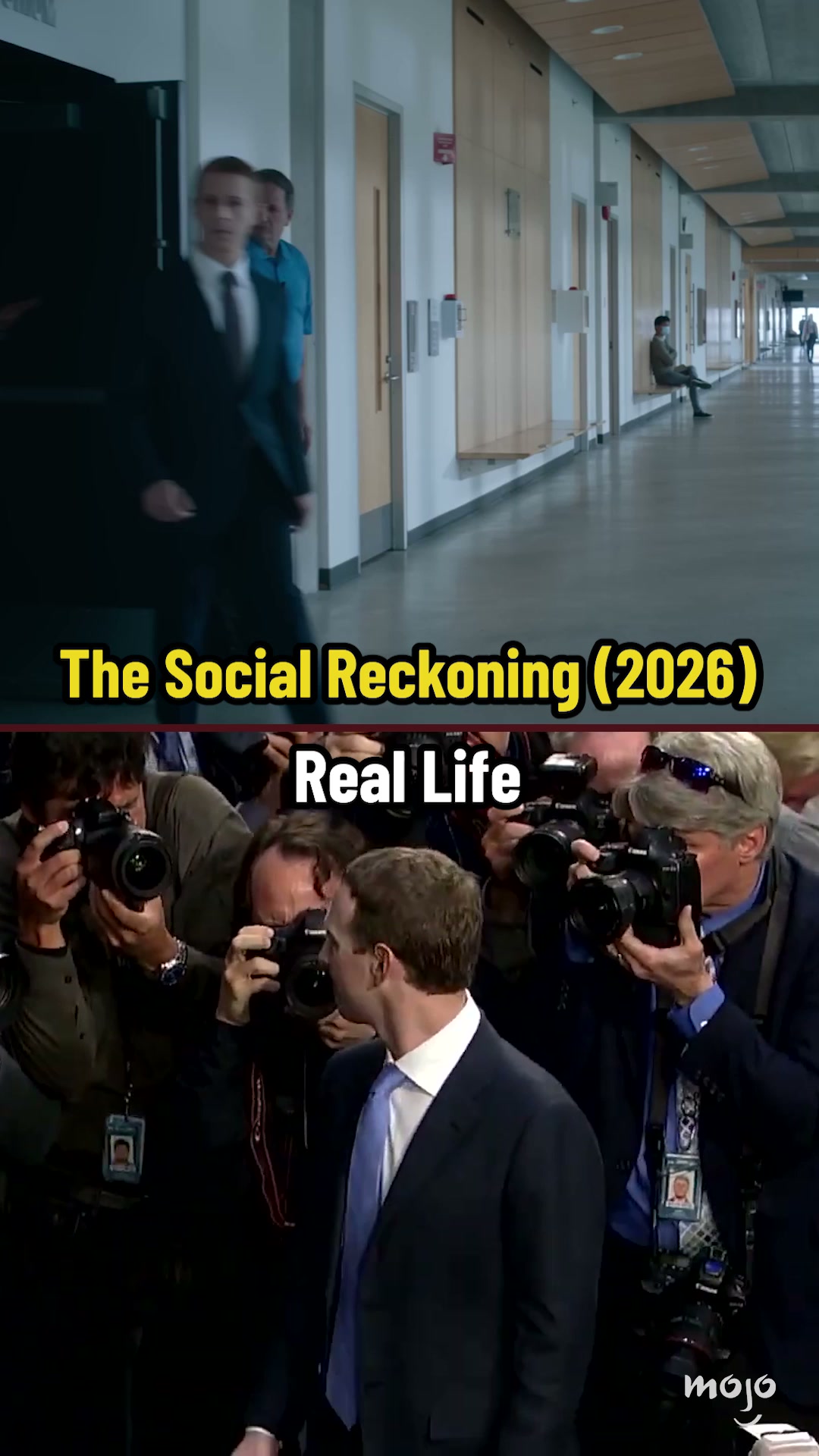 Jeremy Strong in The Social Reckoning vs Mark Zuckerberg IRL
