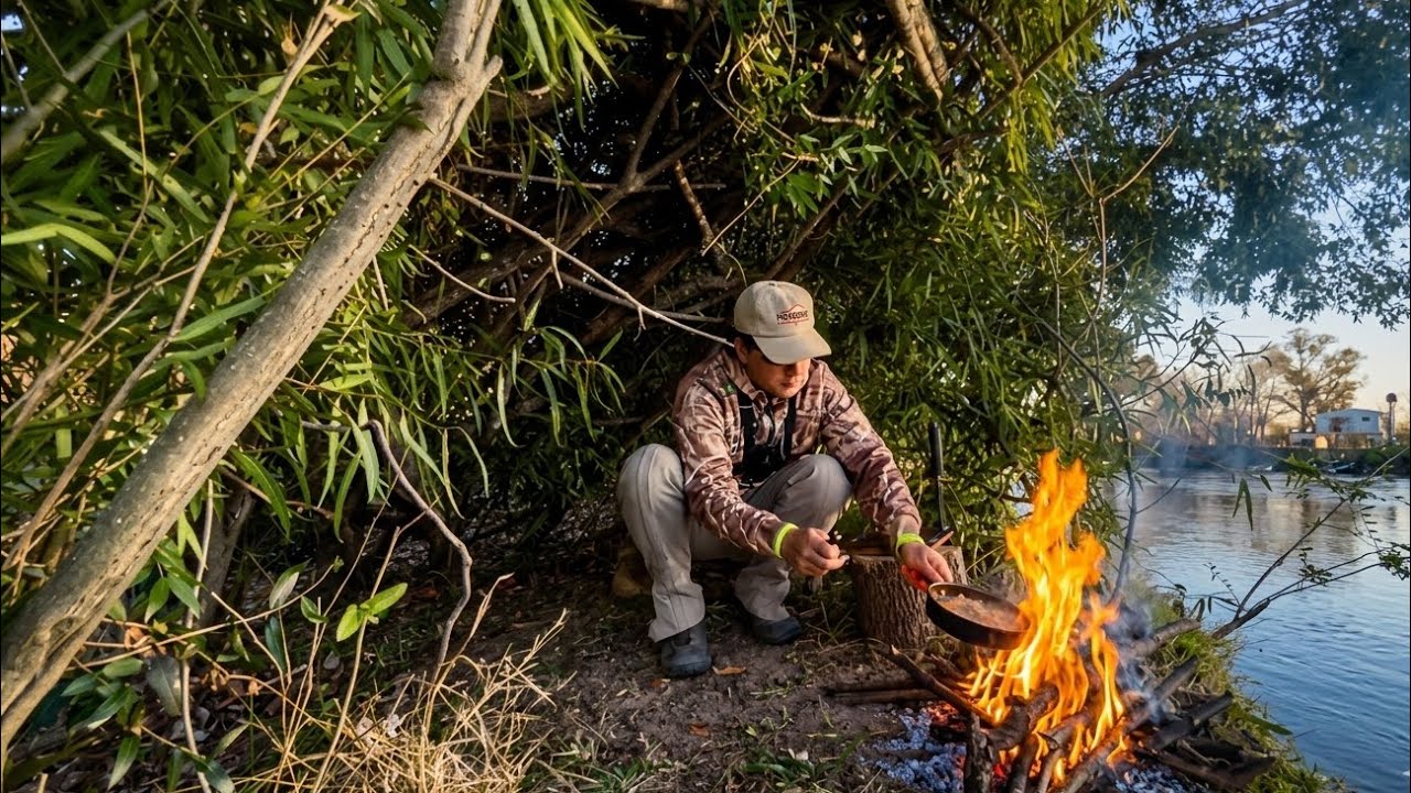 Construyendo un refugio solitario con pesca y cocina al aire libre