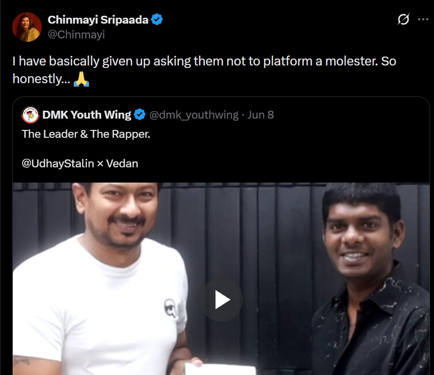 Singer Chinmayi calls out TVK and DMK over platforming sexual abuser Vedan