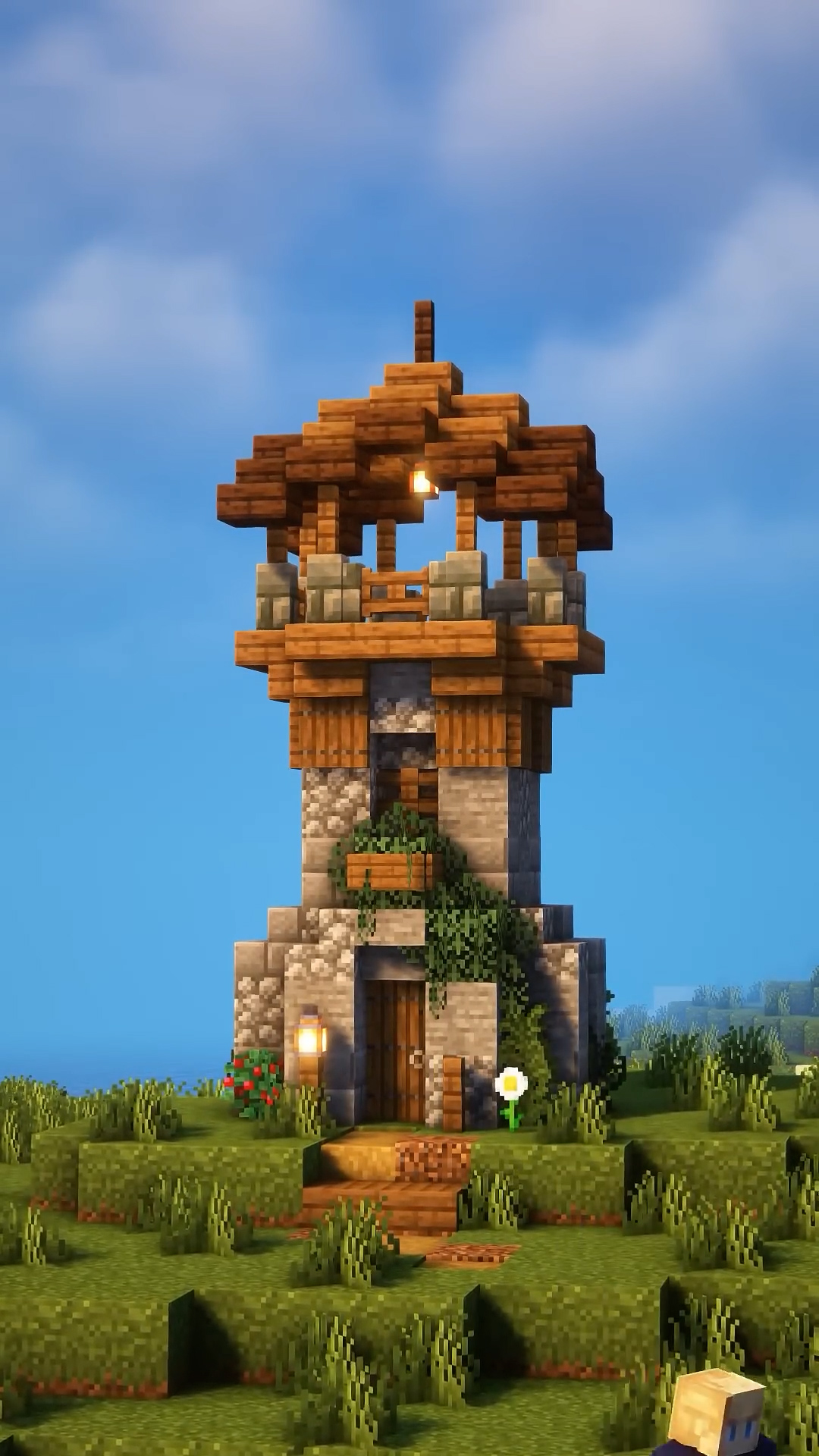 Simple Minecraft guard tower build with balcony and chimney style