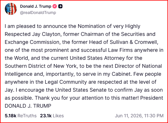 Trump taps ex-SEC chair Jay Clayton for top US intel job after interim ...