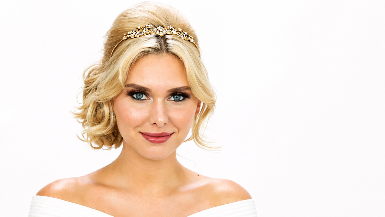 A graceful chignon and bold makeup look for a traditional bride