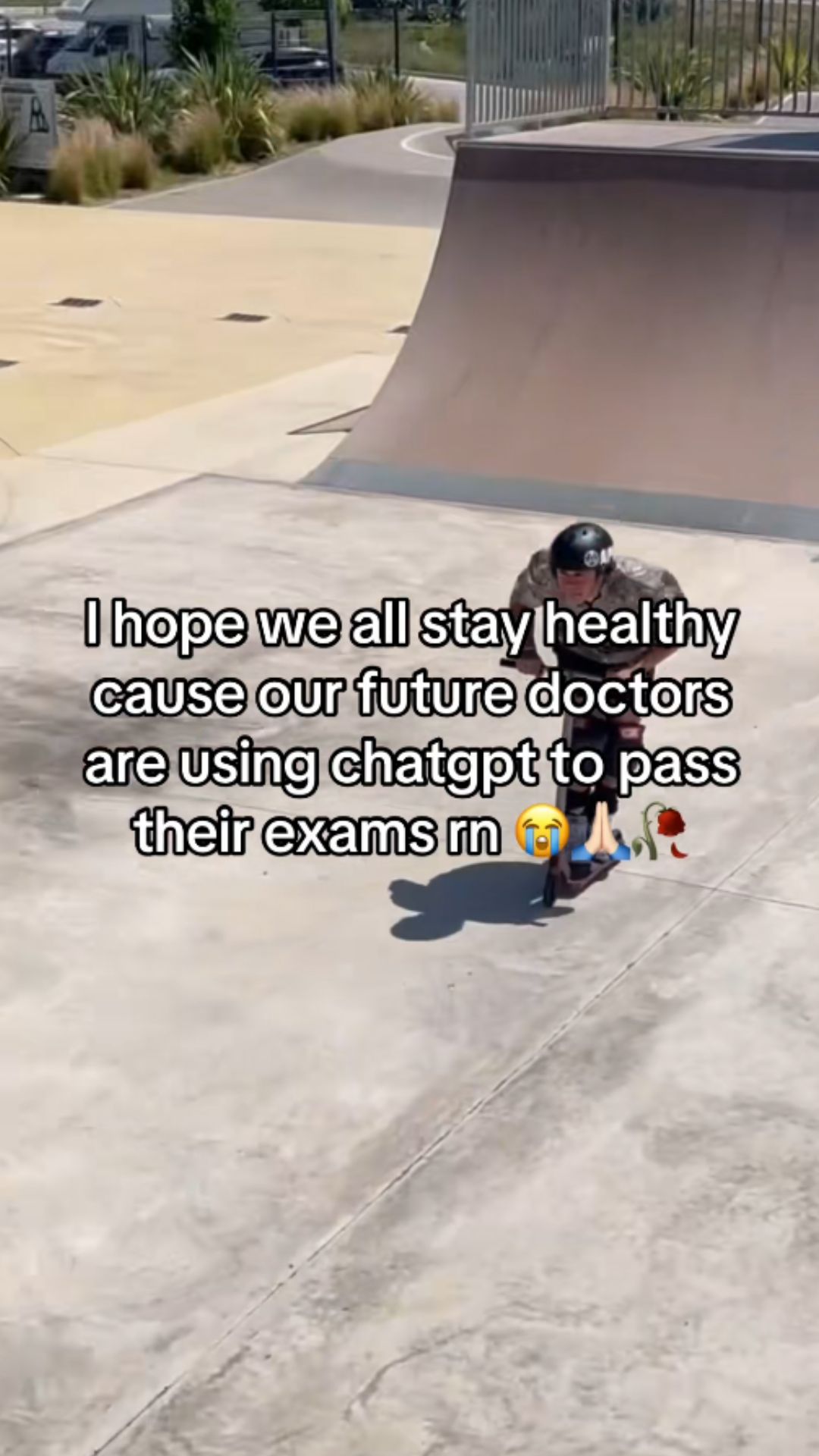 Scooter ramp tricks with funny AI exam commentary