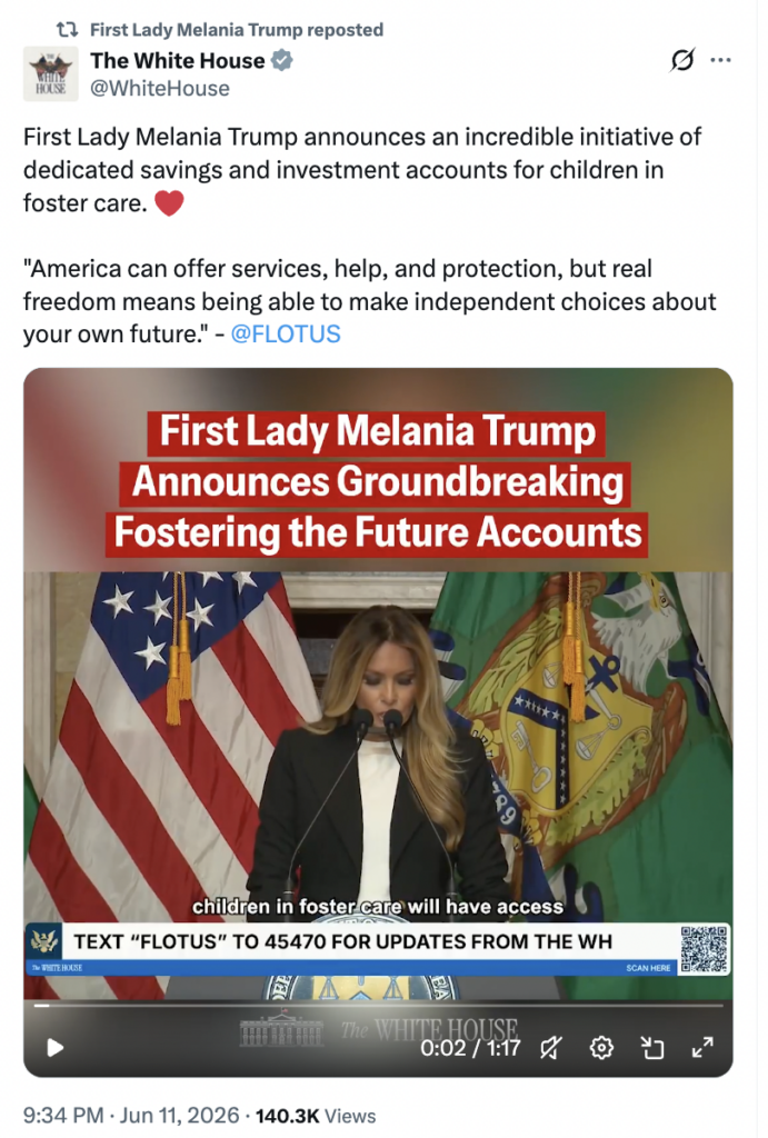 Melania Trump unveils new plan to give foster kids a financial head start
