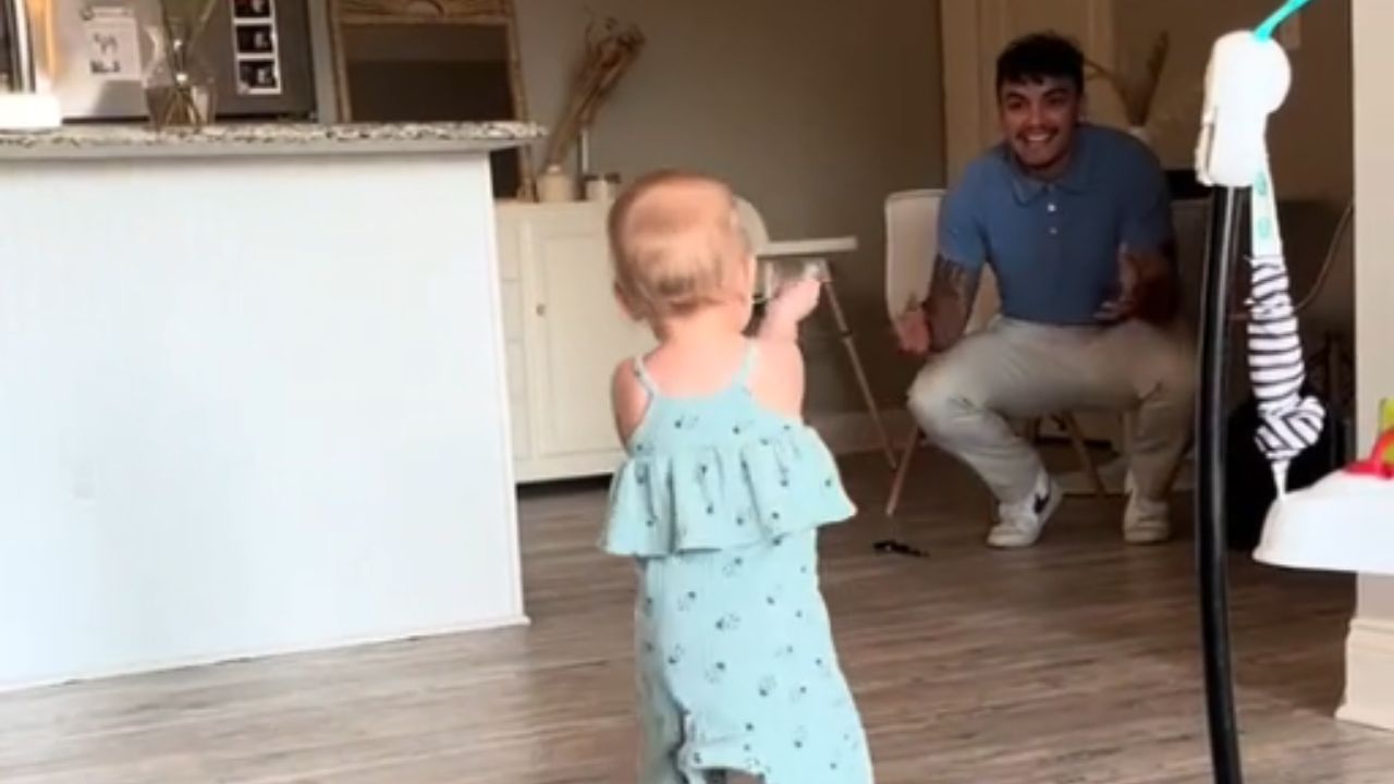 Little girl's joy unleashed as dad comes home from work