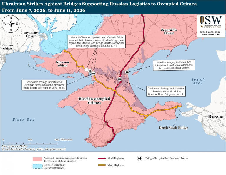 Key bridges hit: Ukraine squeezes Russian logistics to Crimea, ISW says
