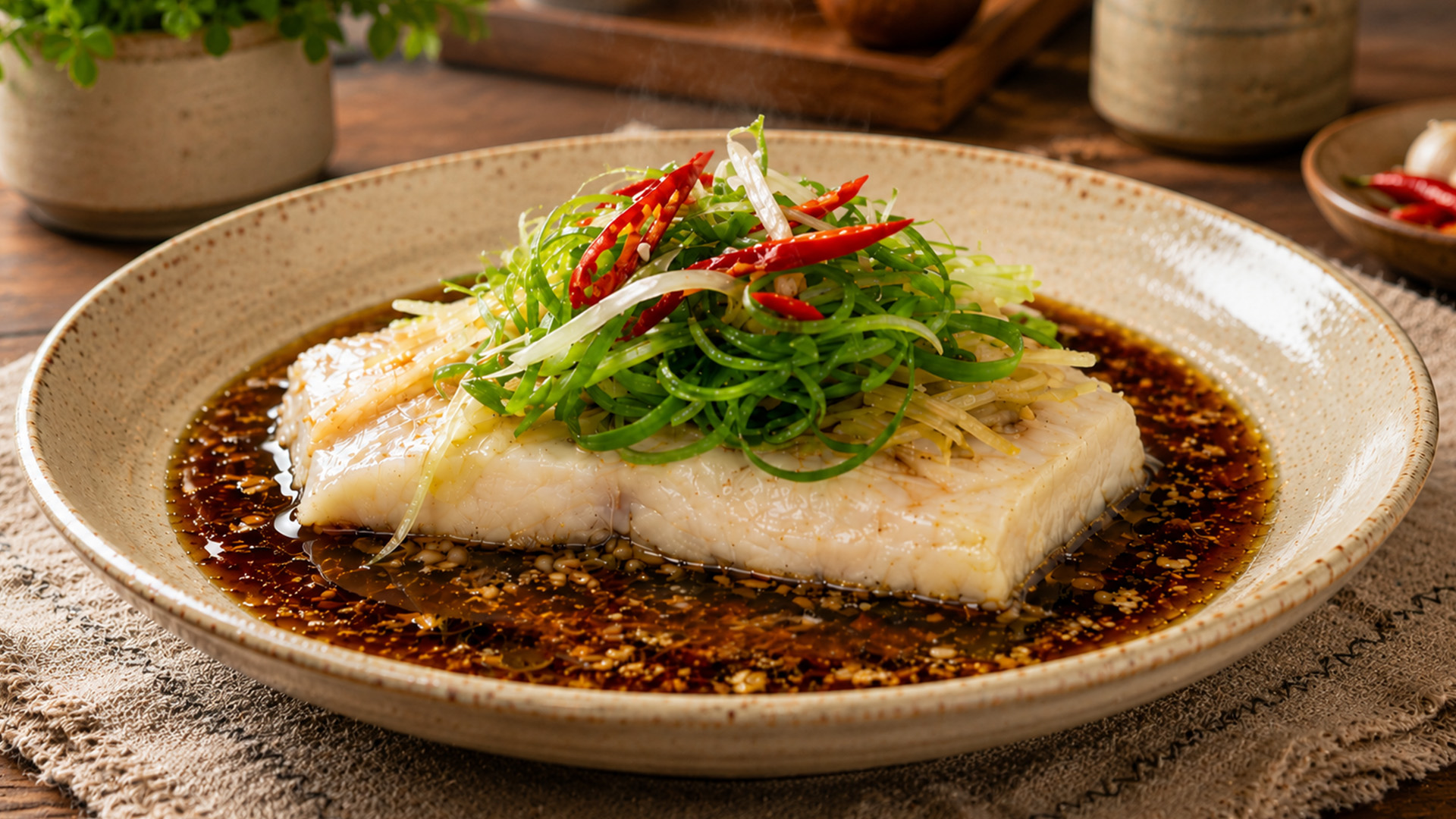 Steamed soy ginger fish with spring onion