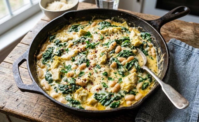 This creamy spinach and artichoke white bean skillet turns a party ...
