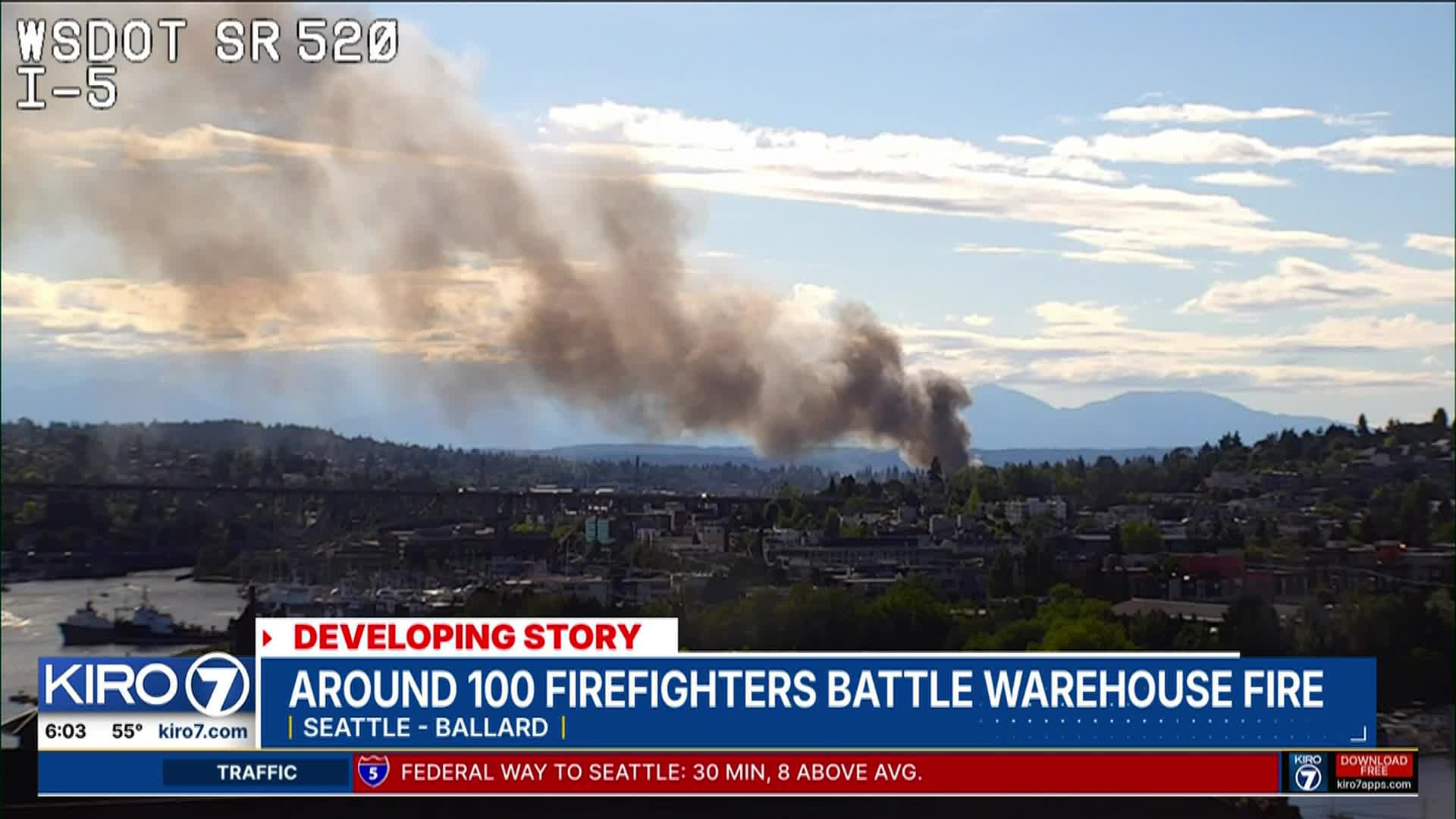 Over 100 firefighters battle massive Ballard warehouse fire, one injured