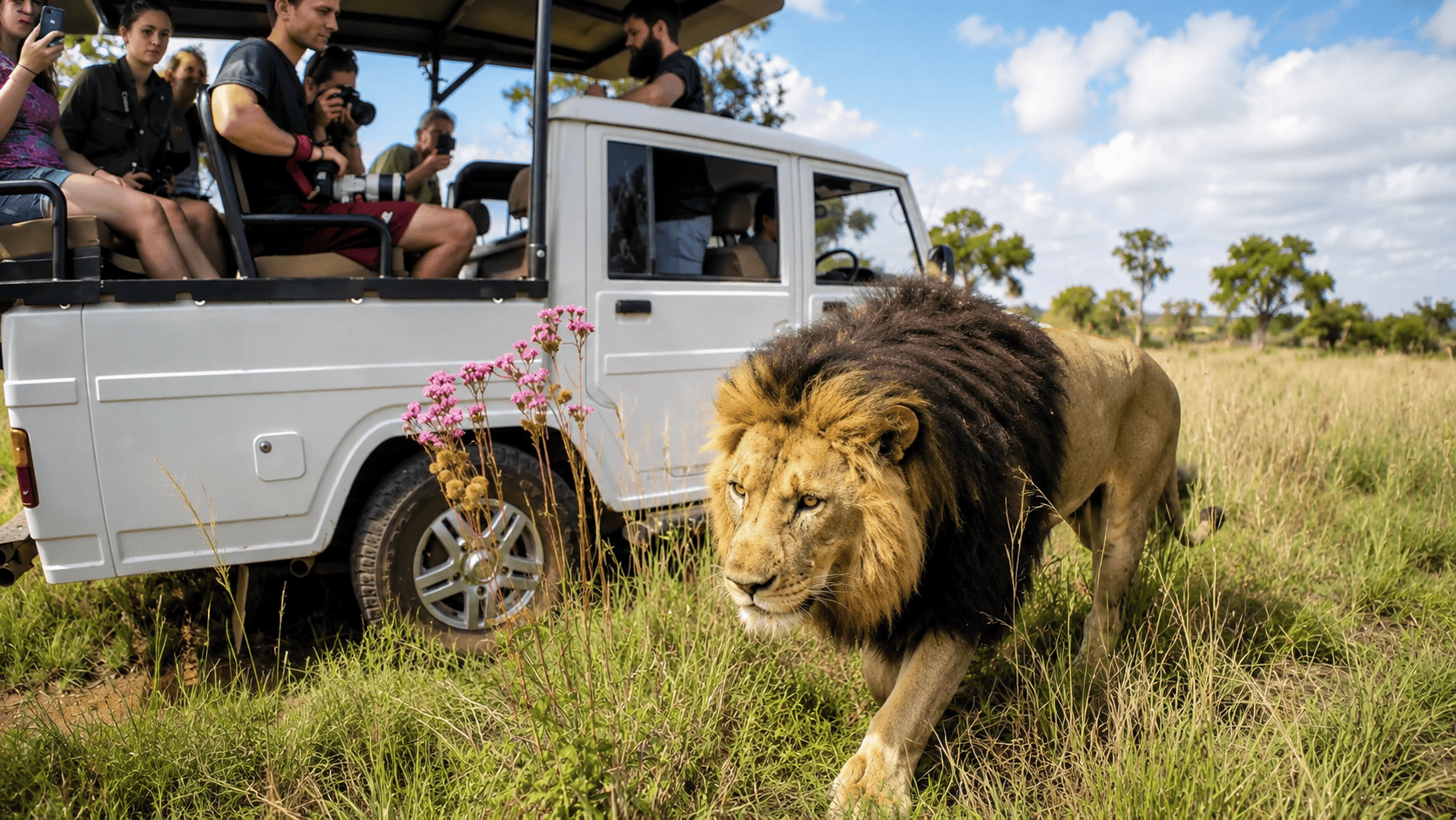 The moment a huge lion passed beside volunteers