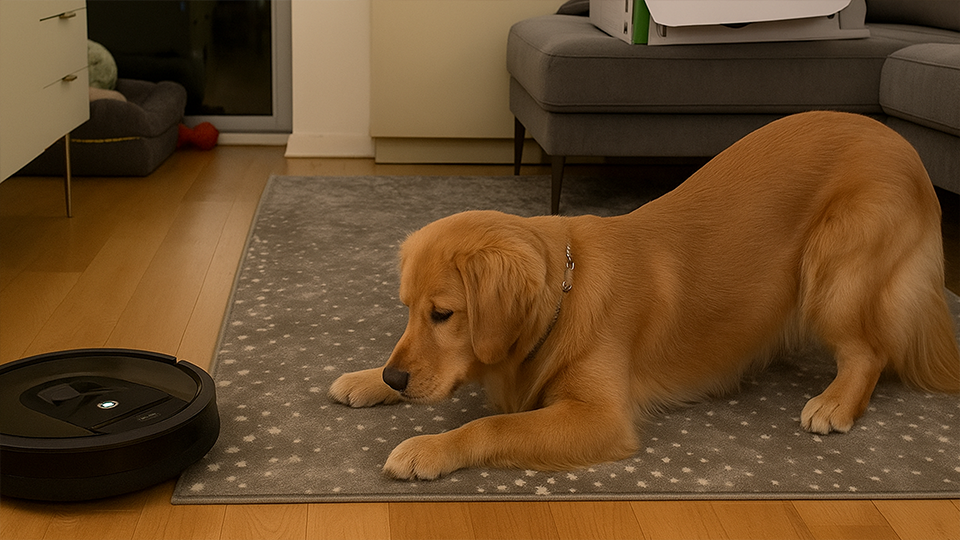 Dog watching a robot vacuum with curiosity