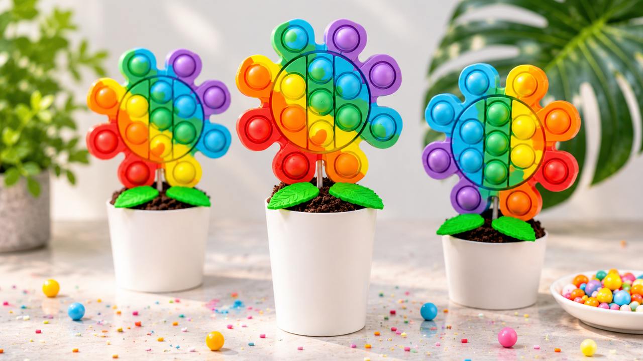 Rainbow flower cupcakes with pop it toppers