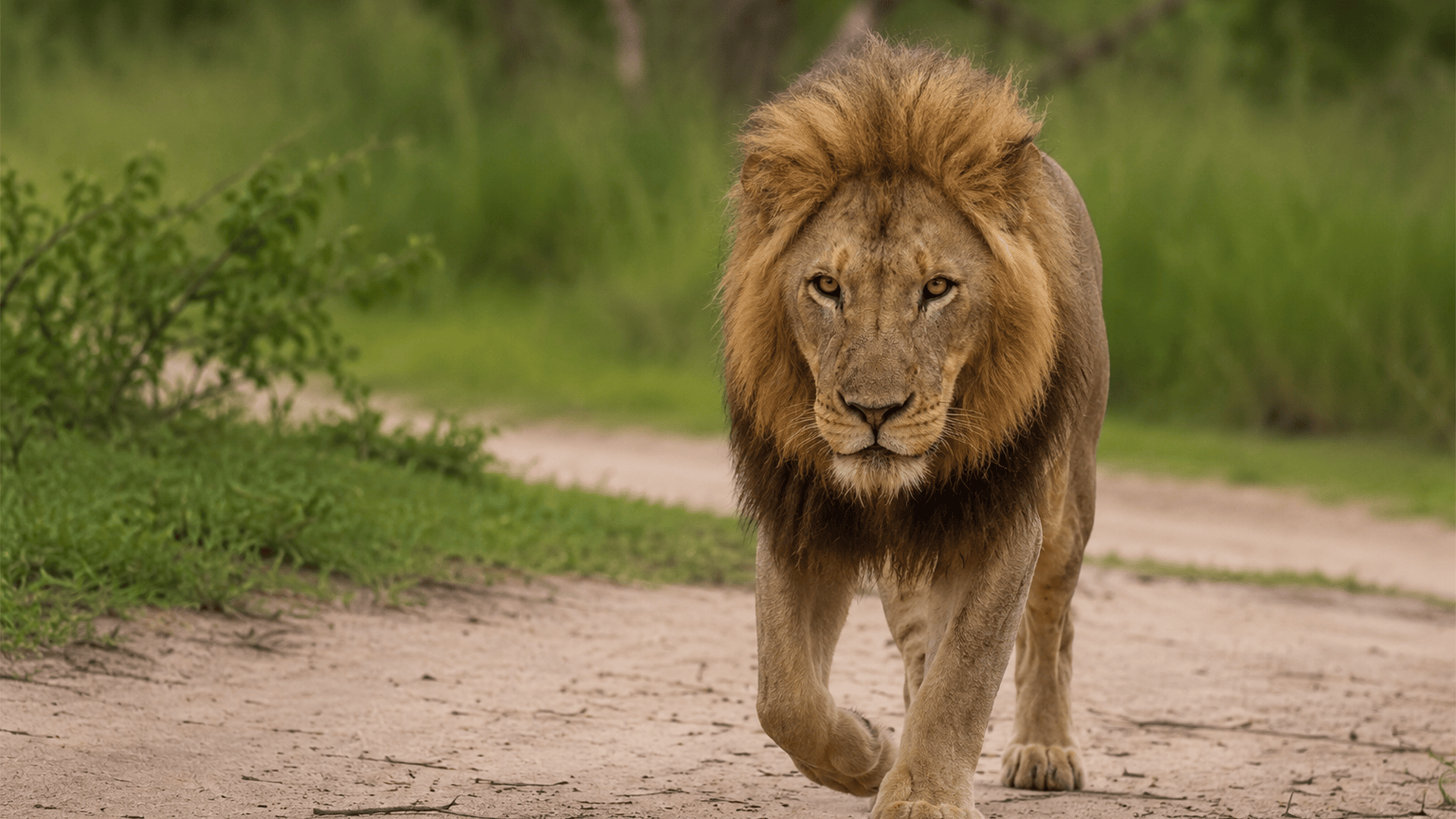 A male lion’s peaceful walk turns unexpected