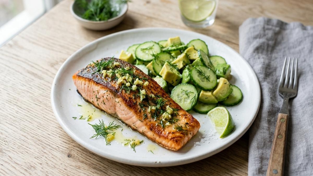 This ginger and dill salmon with cucumber and avocado salad is the ...