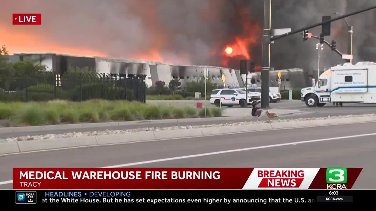 Tracy medical supply warehouse fire continues to burn on Friday
