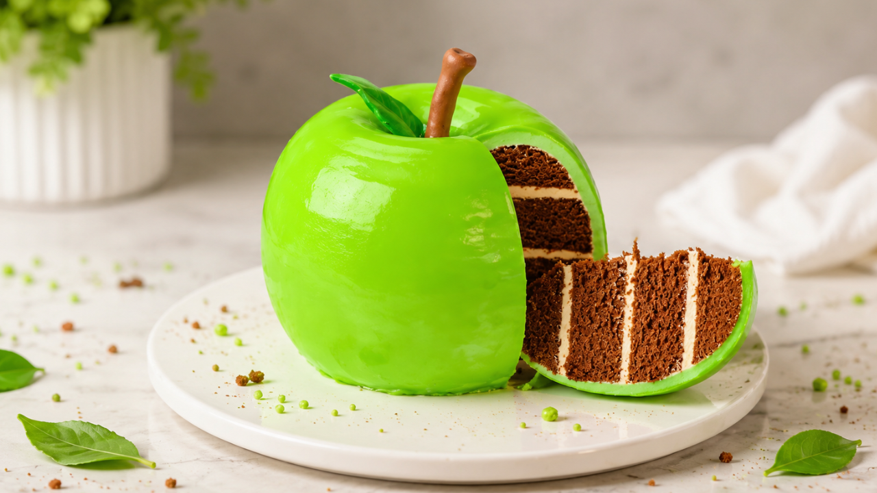 Green apple shaped chocolate layer cake