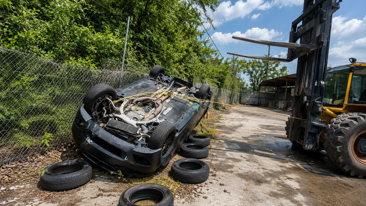BMW M5 falls from forklift before first drive