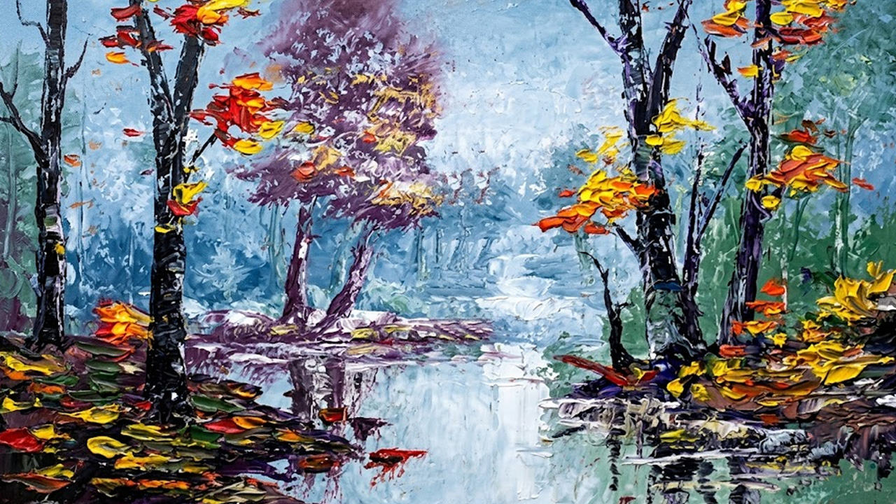 How to paint autumn forest with glowing leaves and soft mist effects