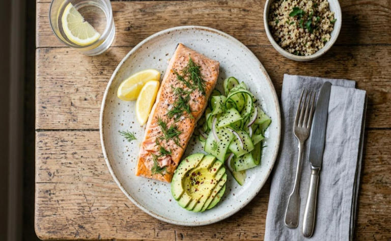 This ginger and dill salmon with cucumber and avocado salad is the ...