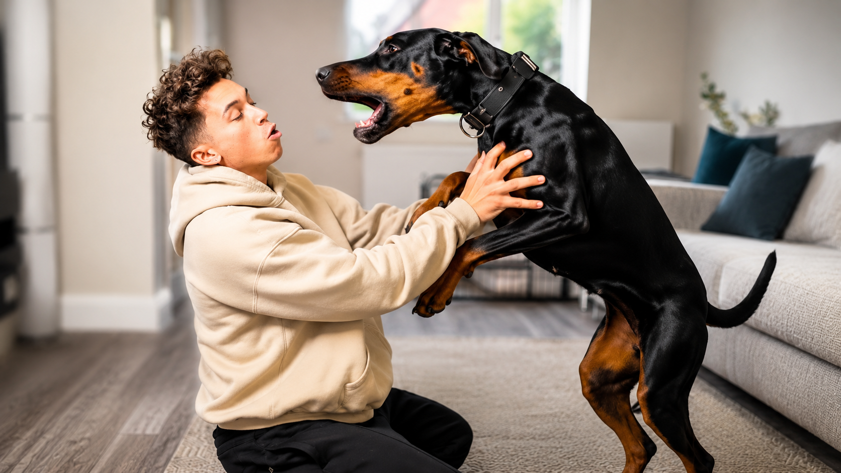 Annoying my Doberman by acting like him