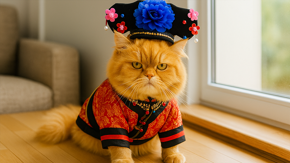 Cat wearing traditional decorative outfit indoors
