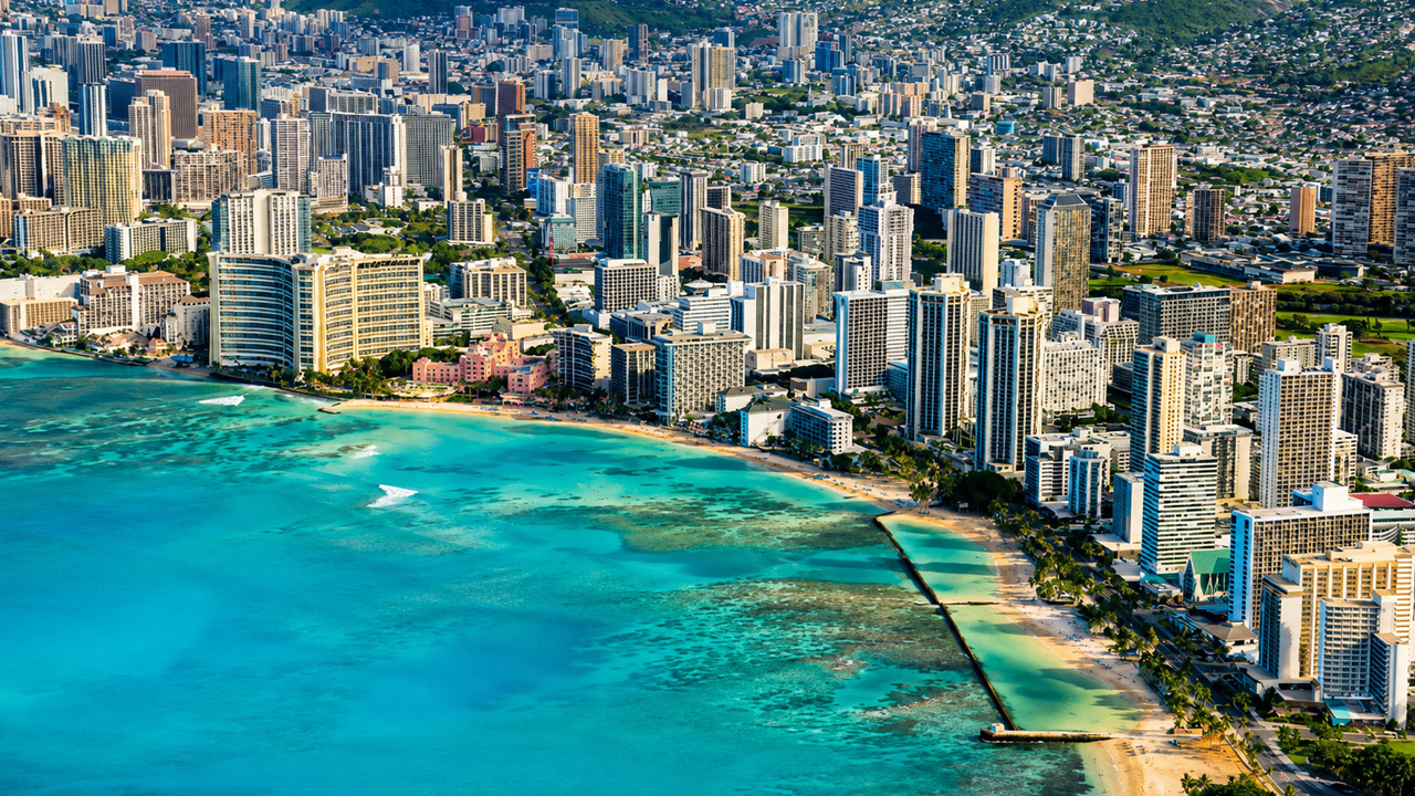 Waikiki Beach looks like a city built on turquoise water