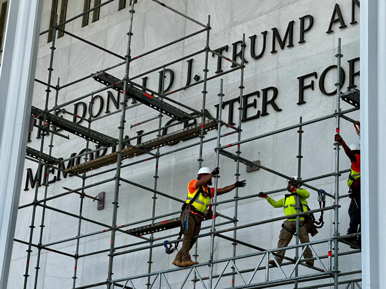 The scene outside the Kennedy Center, as Trump’s name must come down
