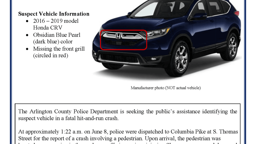 Woman killed in Columbia Pike hit-and-run identified, driver still wanted