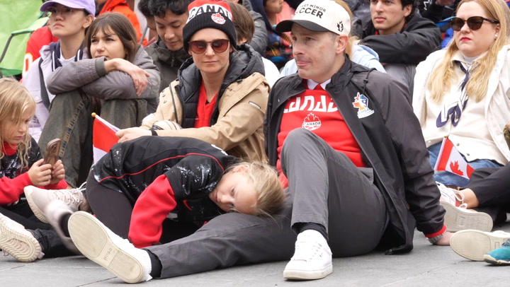 Hundreds of soccer fans cheer on Team Canada at watch party