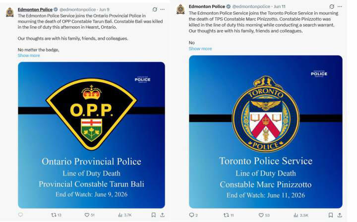 Calgary, Edmonton police forces pay tribute to slain Ontario officers
