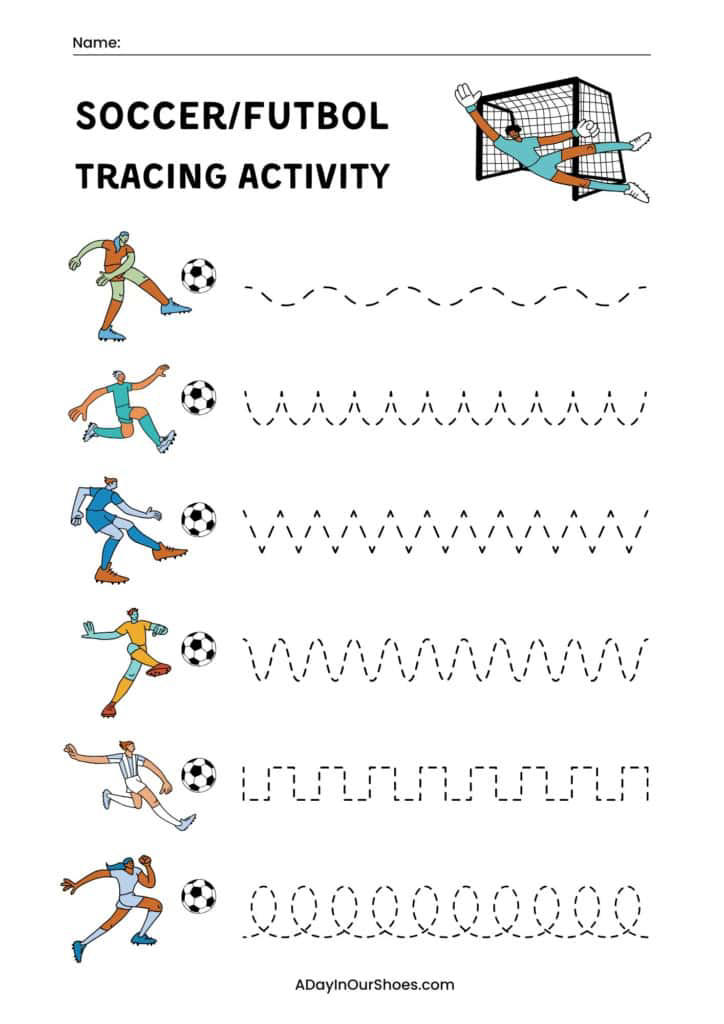 Free soccer tracing worksheet for preschool and kindergarten