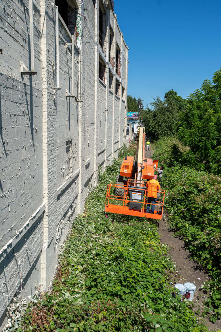 Contractors clean graffiti off this iconic Portland eyesore property