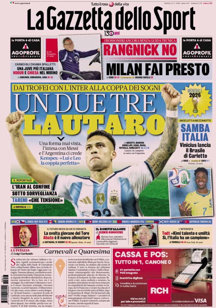 Le prime pagine dei principali quotidiani sportivi – 13 giugno