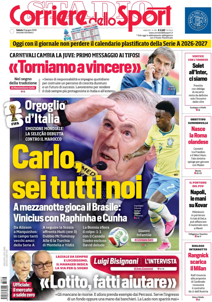 Le prime pagine dei principali quotidiani sportivi – 13 giugno