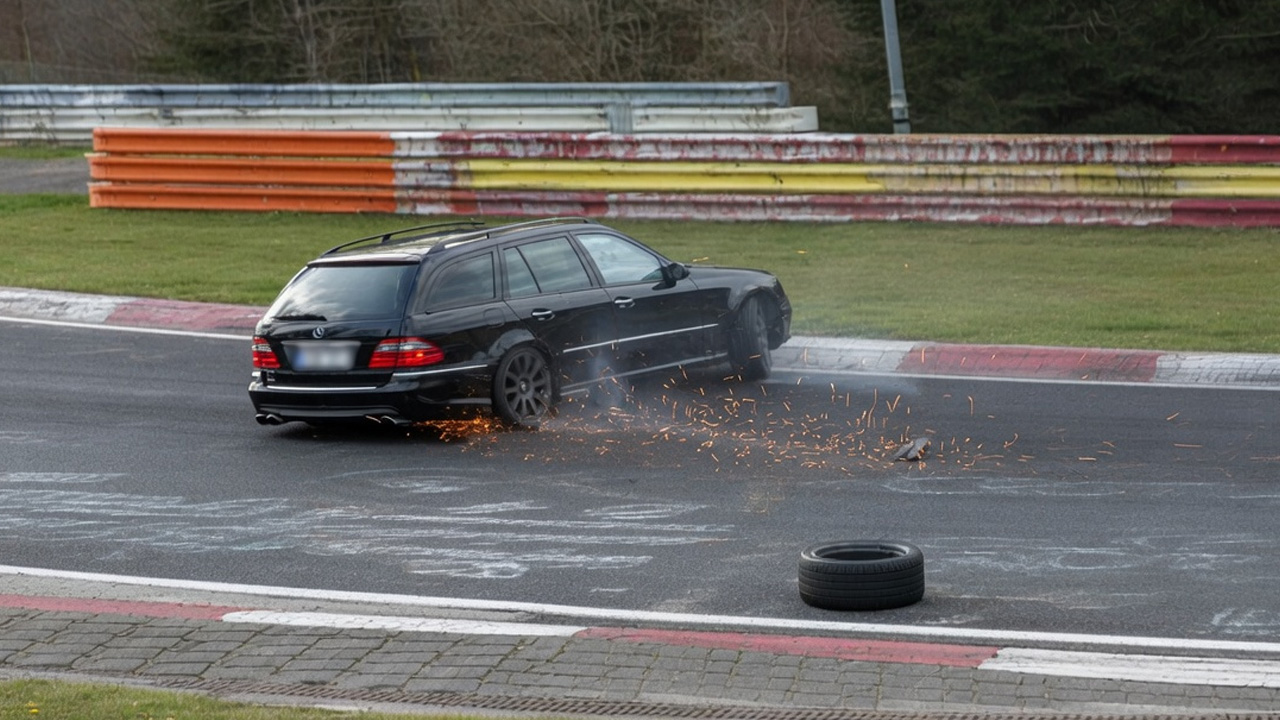Out of control Mercedes Benz E-Class wagon spins until a tire detaches