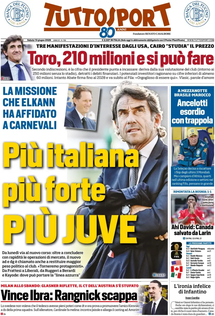 Le prime pagine dei quotidiani sportivi di oggi: 13 giugno 2026
