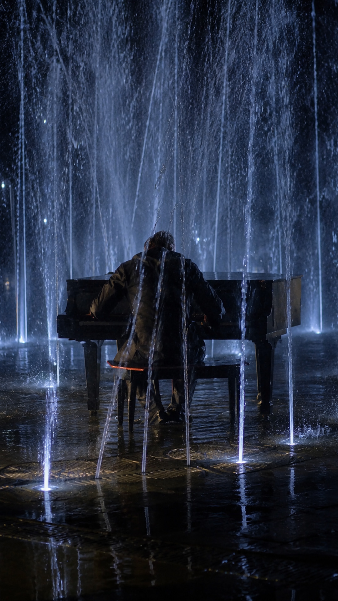 A creative piano performance surrounded by water