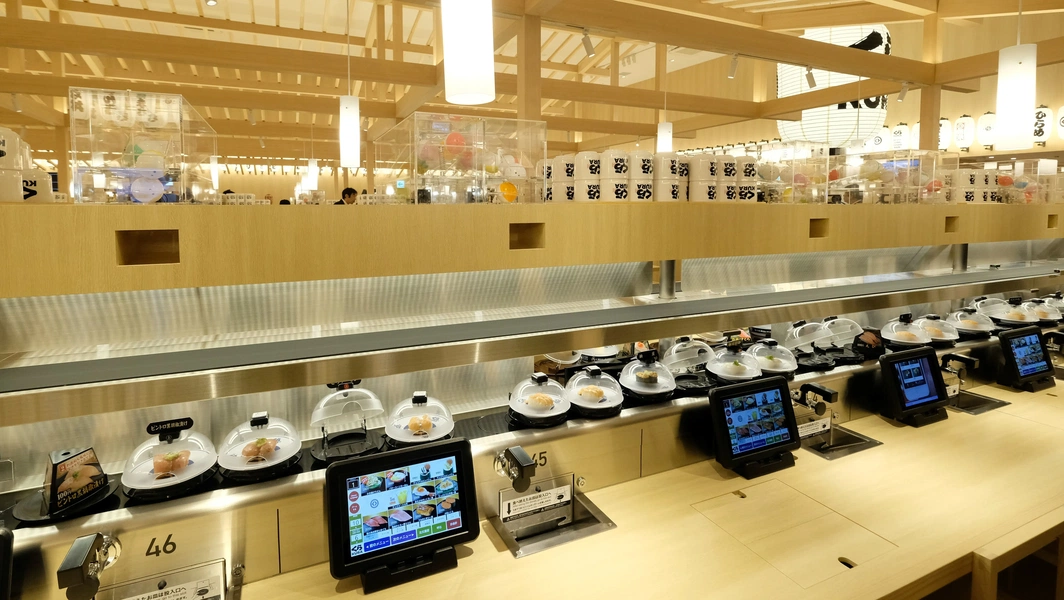 Inside Kura revolving sushi bar in Indiana