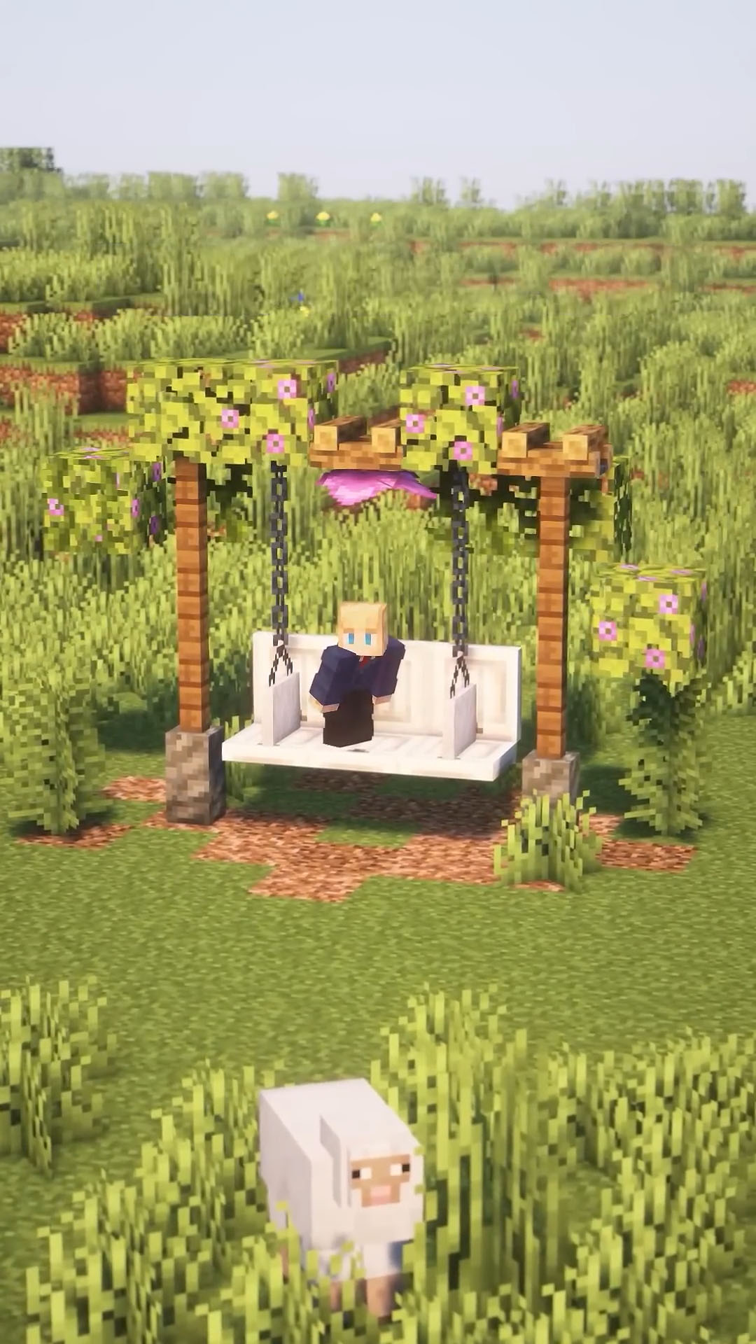 Minecraft outdoor seating design with swing bench and nature details