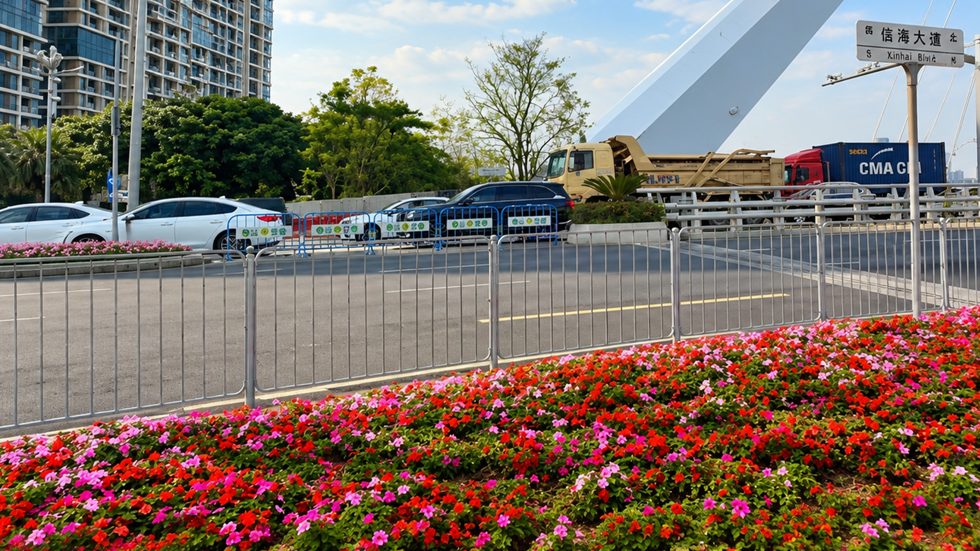 China’s Urban Bridge Scene Blends Flowers Traffic and Tower Views