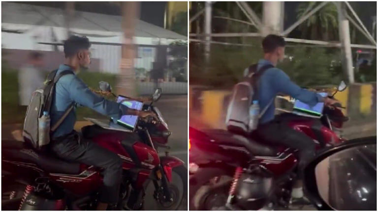 Telangana man rides bike with laptop kept on fuel tank, viral video ...