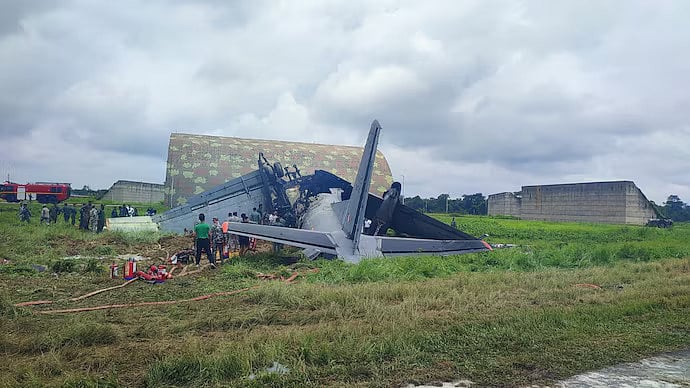 IAF transport aircraft skids off track after landing, catches fire in ...