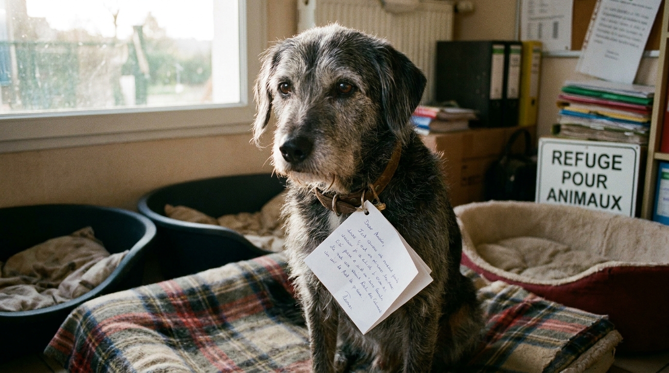 Un vieux chien est abandonné devant un refuge : la note attachée à son ...