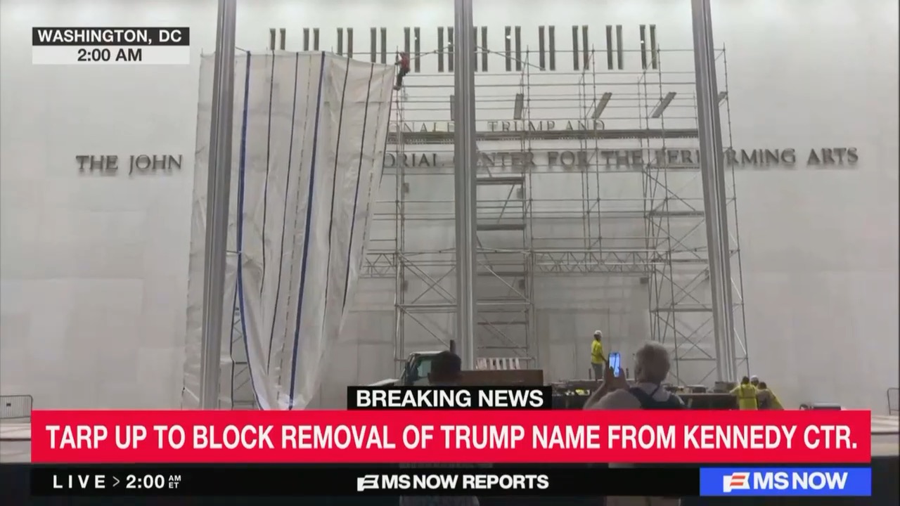 Tarp put up to block onlookers from watching Trump’s name removed from ...