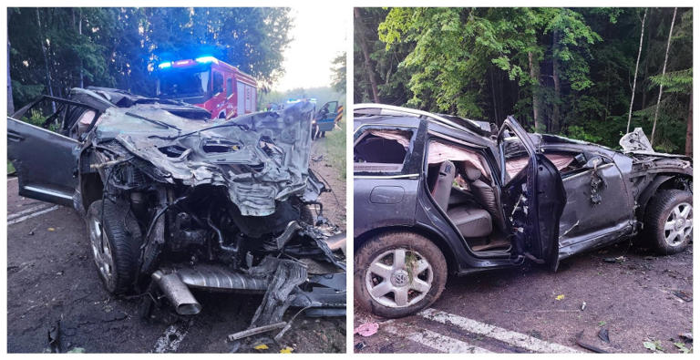 Poważny wypadek na DK16. Auto zostało zgniecione jak puszka