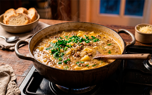 Esse caldo de batata com carne moída é barato, cremoso e salva qualquer ...