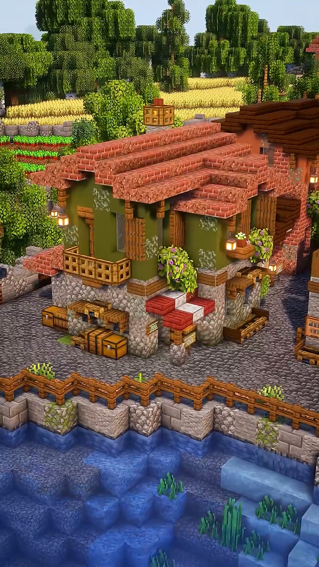 Cozy Minecraft market house with brick roof and storage stalls