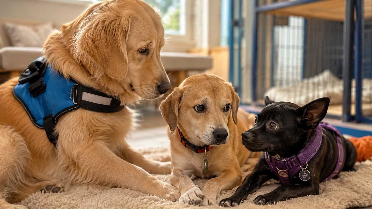 Golden retriever helps two nervous puppies feel safe