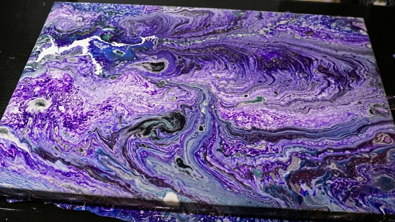 Fluid acrylic pour art on canvas with beautiful cell and flow effects